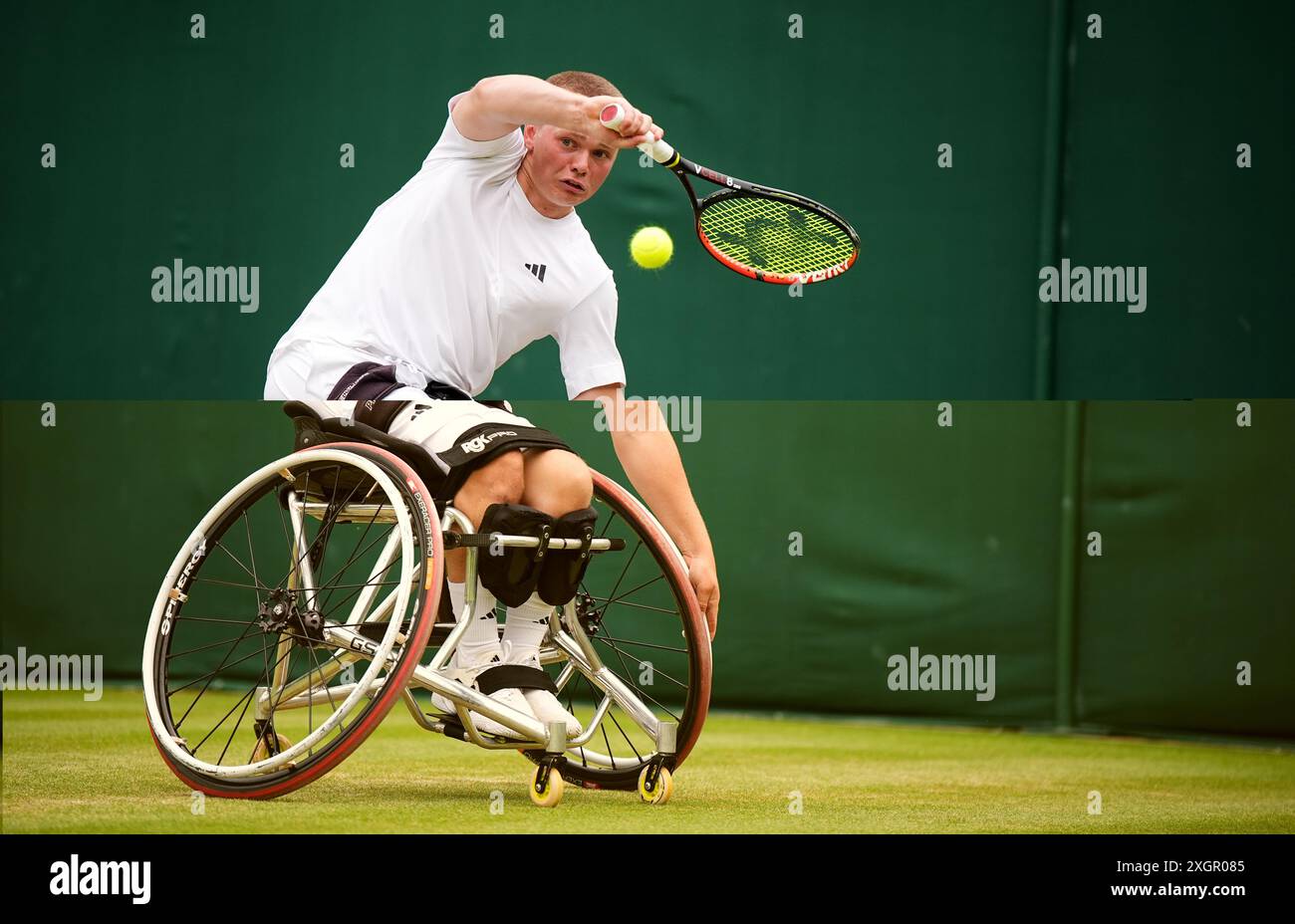 Ben Bartram im Kampf gegen Alfie Hewett am 10. Tag der Wimbledon Championships 2024 im All ...