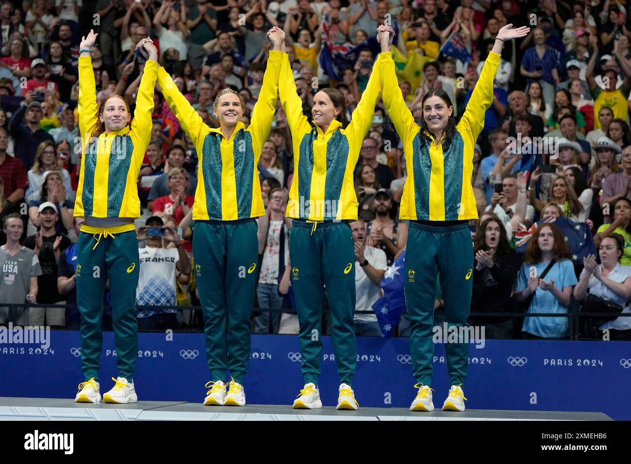 Australia's Mollie O'Callaghan, Shayna Jack, Emma Mckeon and Meg Harris, from left, celebrate on ...
