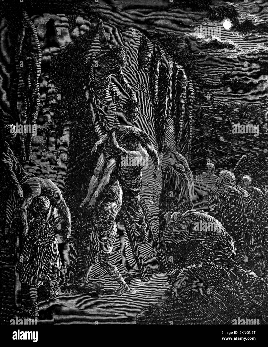 Holzgravierung der Bewohner von Jaesh-Gilead, die die Leichen von König ...