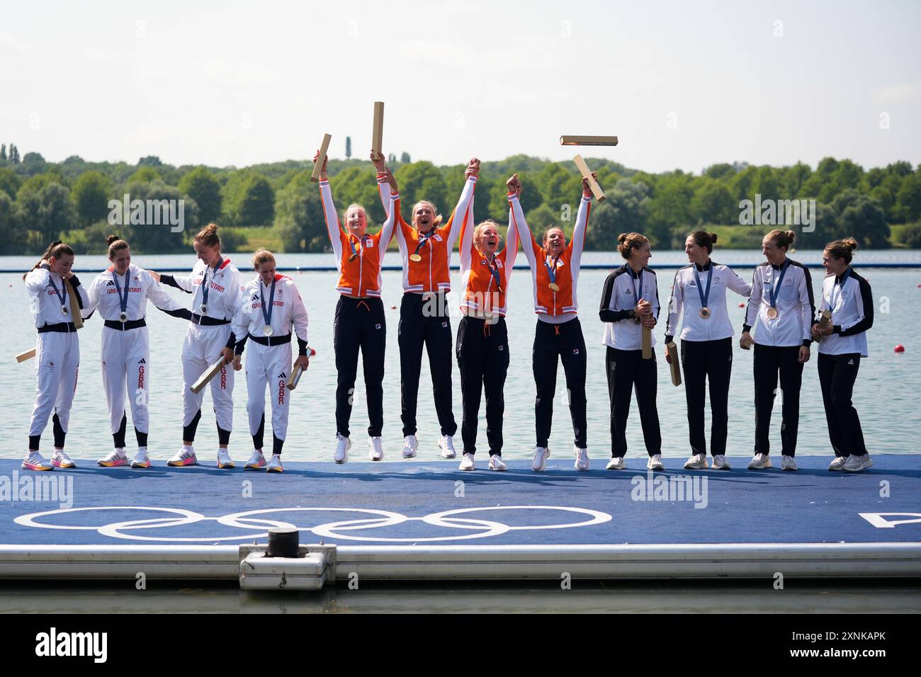 Silver medalists, left, Britain's Sam Redgrave, Rebecca Shorten, Helen ...