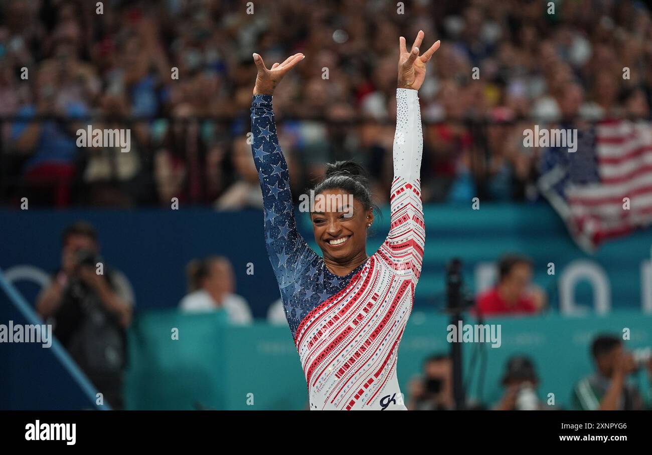 Paris, Frankreich. 30. Juli 2024. Simone Biles (USA) tritt während des ...