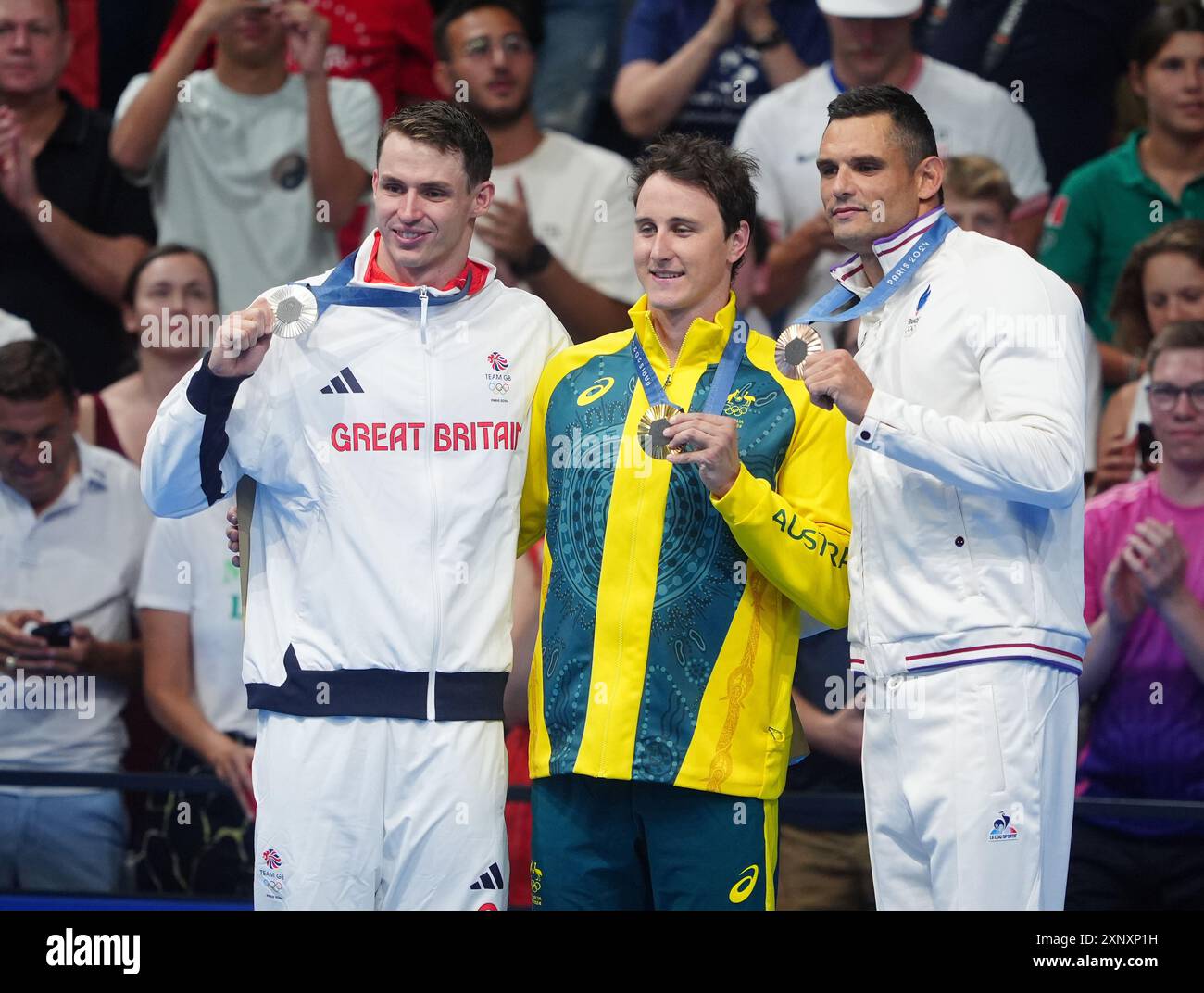 Der Brite Ben Proud, (links) der Australier Cameron McEvoy und der ...