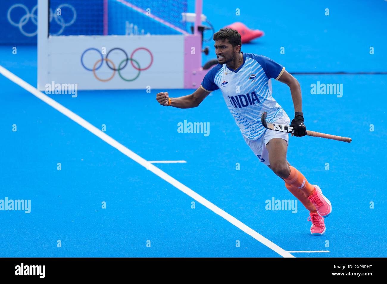 India's Rajkumar Pal celebrates after scoring the final goal of the ...