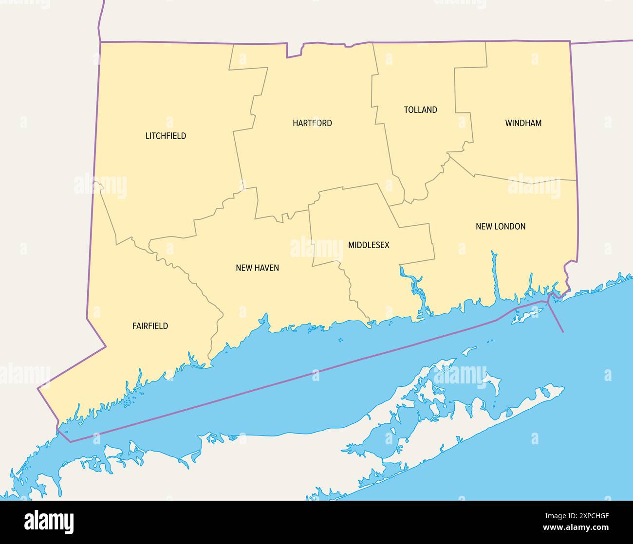 Connecticut, US-Bundesstaat, unterteilt in 8 Countys, politische Karte ...