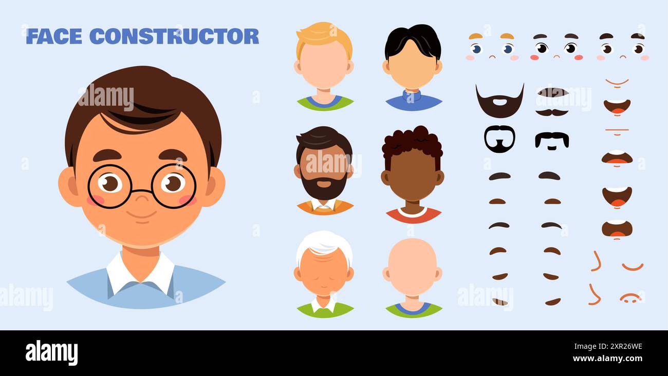 Man Face Constructor Set. Glückliches Kind in Brille. Pack Augen, Bärte ...