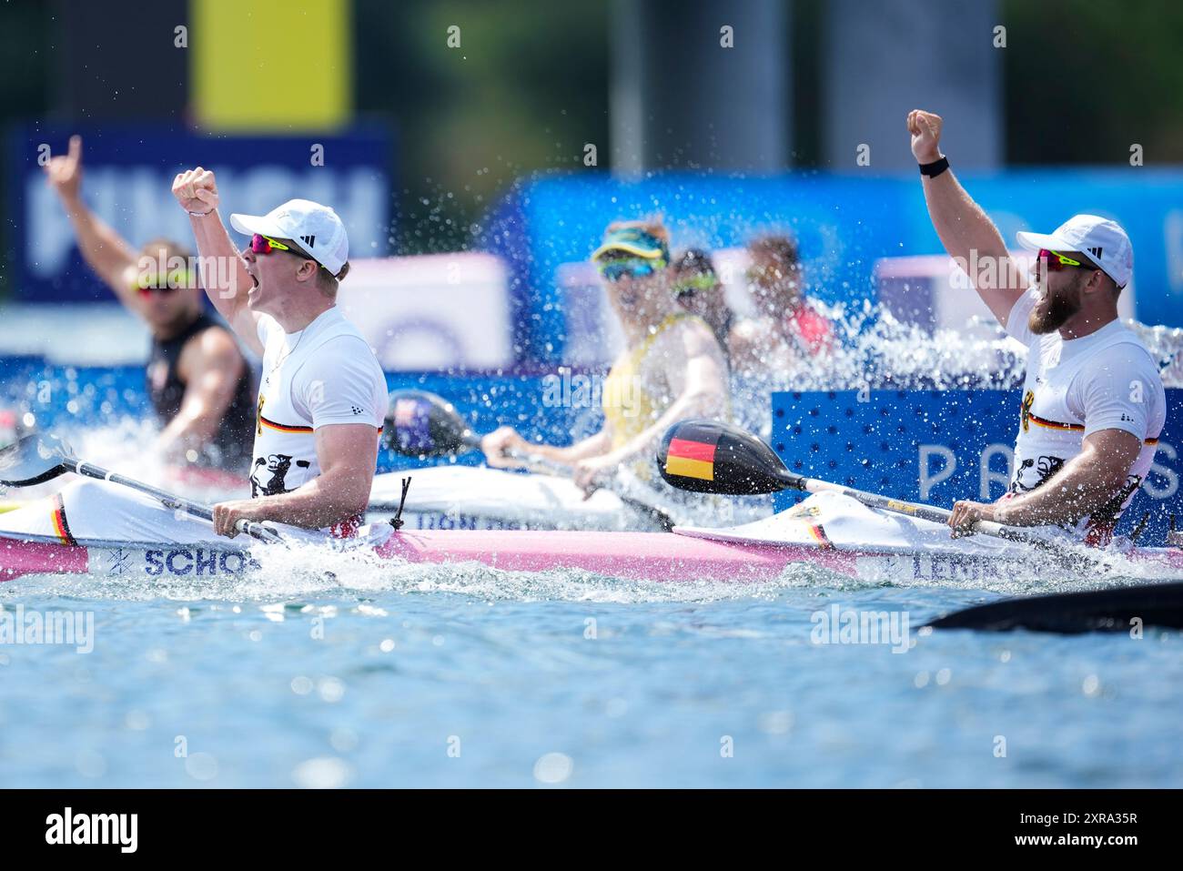 Germany's Jacob Schopf and Max Lemke celebrate gold in the men's kayak ...