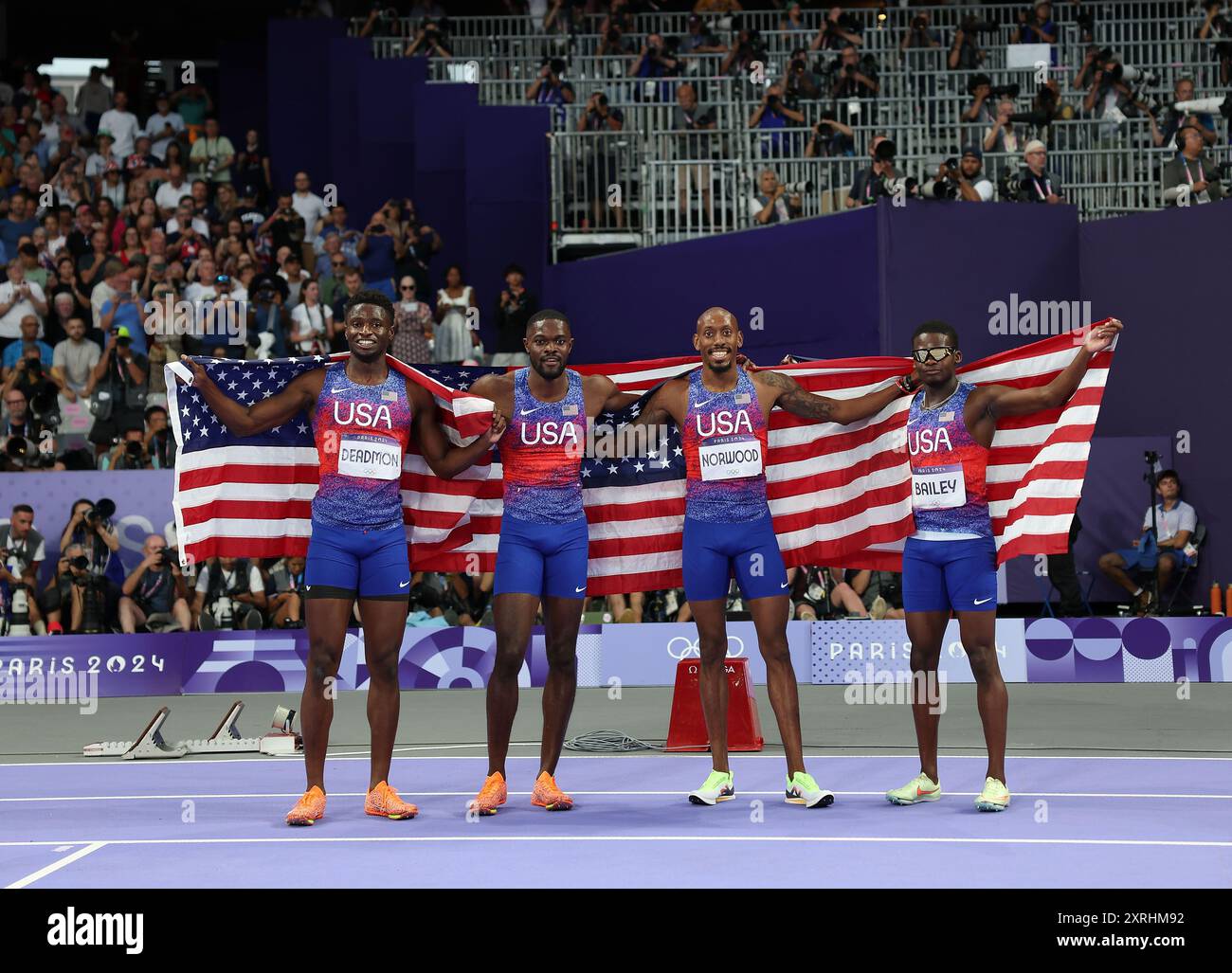 Paris, Frankreich. August 2024. (L zu R)Bryce Deadmon, Rai Benjamin ...