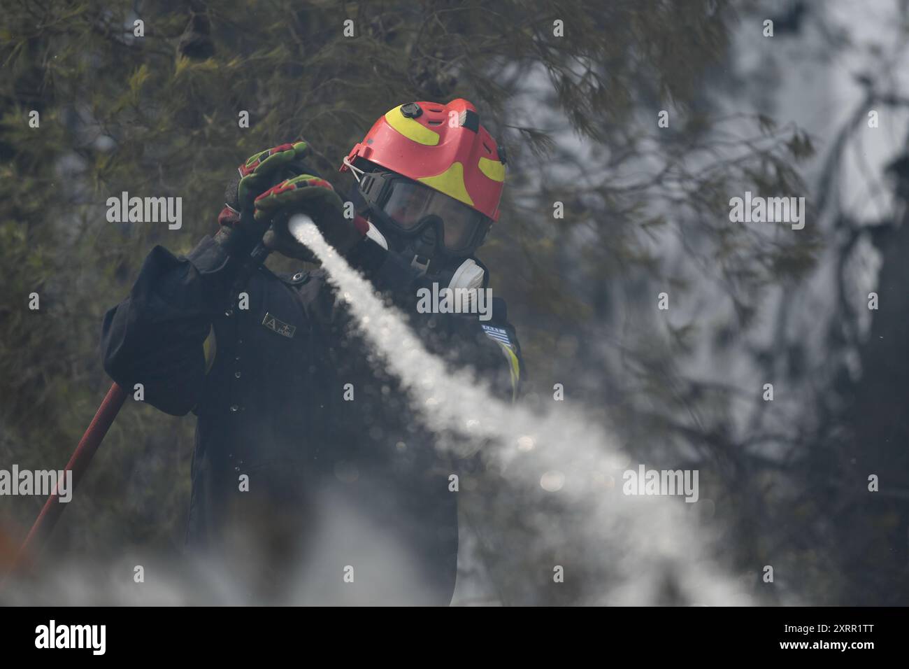 A firefighter operates in Dioni, northeast of Athens, Greece, Monday ...