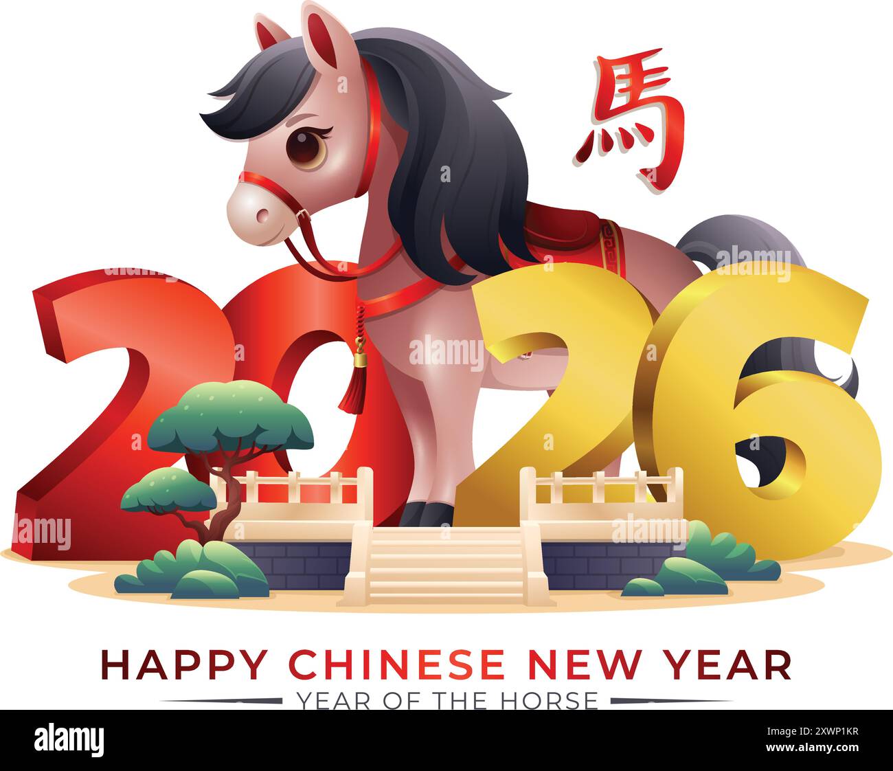 Chinesisches Neujahrszeichen 2026 mit 3d süßem Pferd und goldener ...