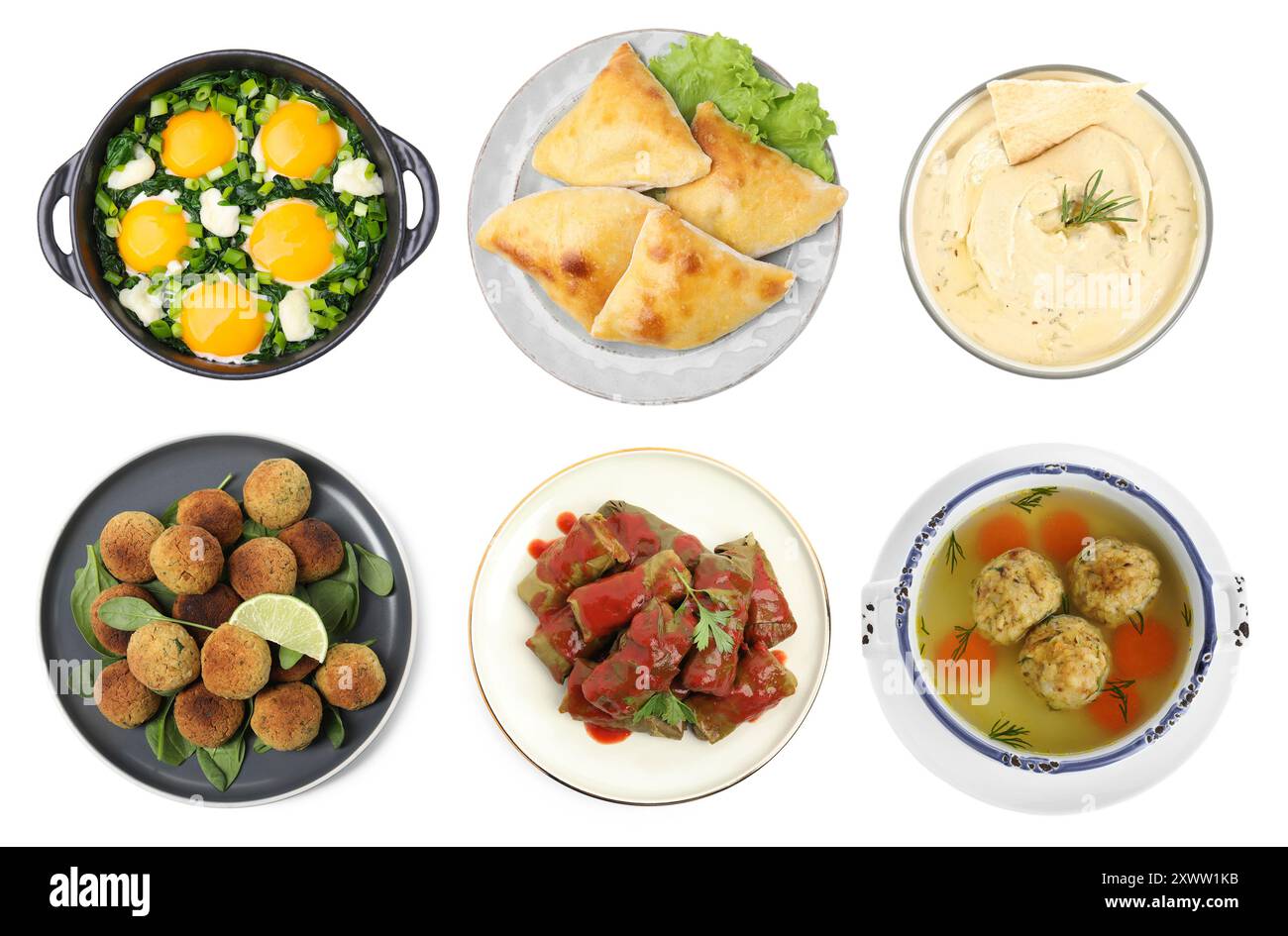 Hummus, Shakshuka, Samosas, Falafel-Kugeln, Sarma und Matzo-Kugeln auf ...