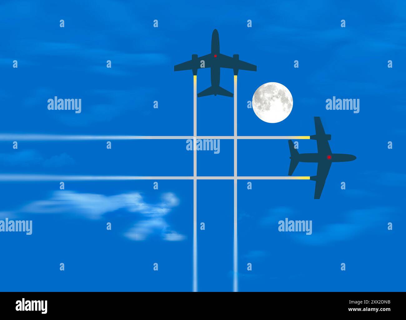 Kondensstreifen von Jet-Flugzeugen kreuzen sich und bilden ein Tic Tac ...