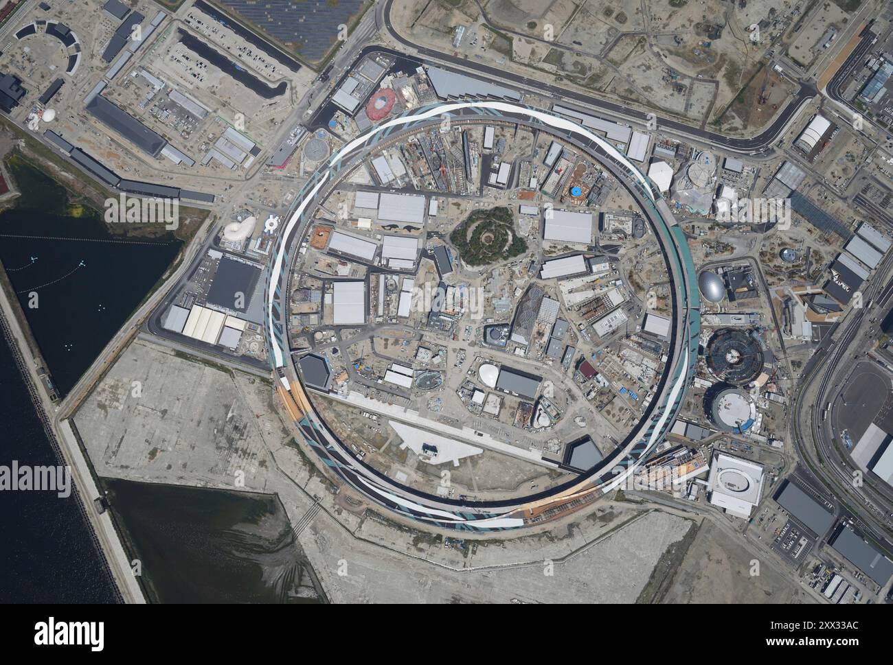 An aerial photo shows Yumeshima, the venue for Expo 2025 Osaka, Kansai ...
