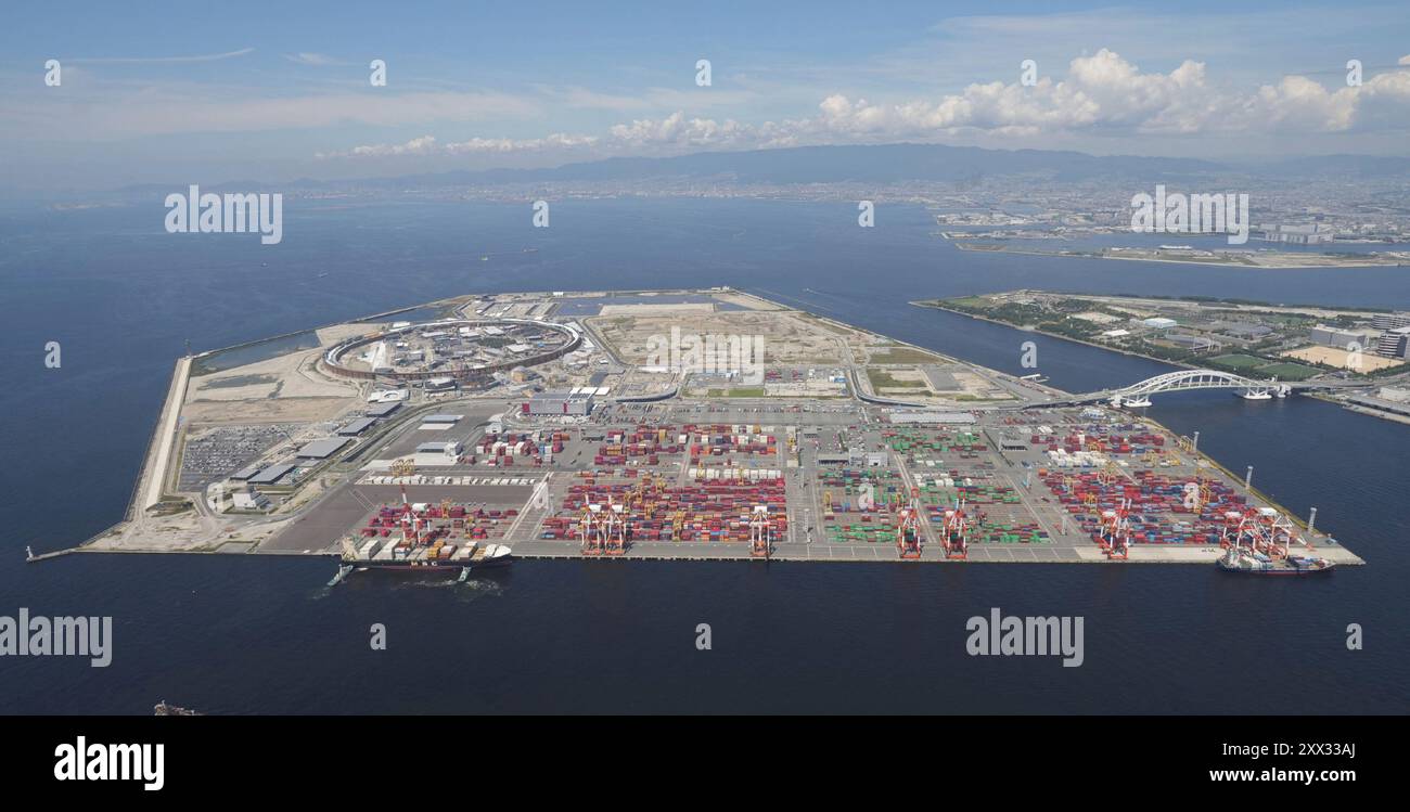 An aerial photo shows Yumeshima, the venue for Expo 2025 Osaka, Kansai ...