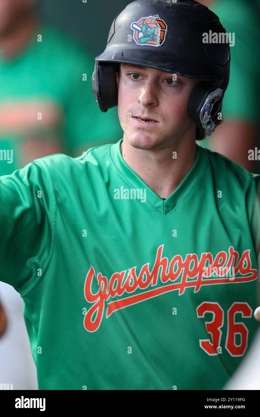 Greensboro, NC: Greensboro Grasshoppers Infield Mitch Jebb (36) wird im ...