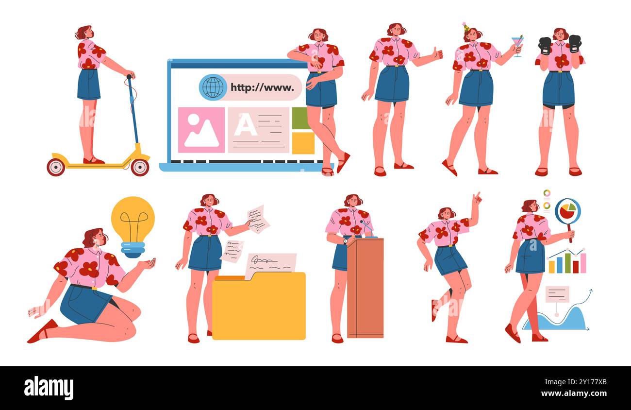 Junge Geschäftsfrau Set. Multitasking weiblicher Profi in verschiedenen Tätigkeiten von der ...