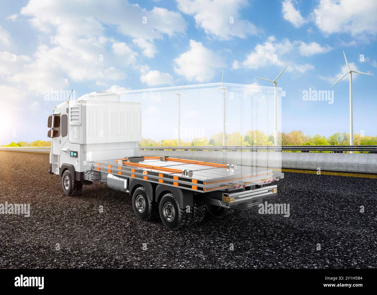 3D Rendering EV logistic Trailer Truck oder Elektrofahrzeug LKW mit Pack von Batteriezellen ...