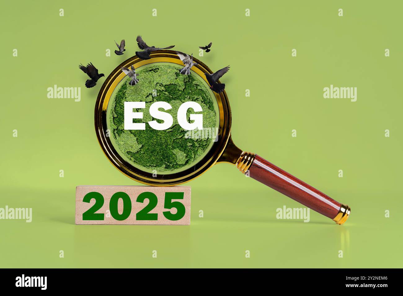 ESG-Ziele bis 2025-Konzept. Nachhaltige Unternehmensentwicklung. Holzblöcke symbolisieren ESG ...