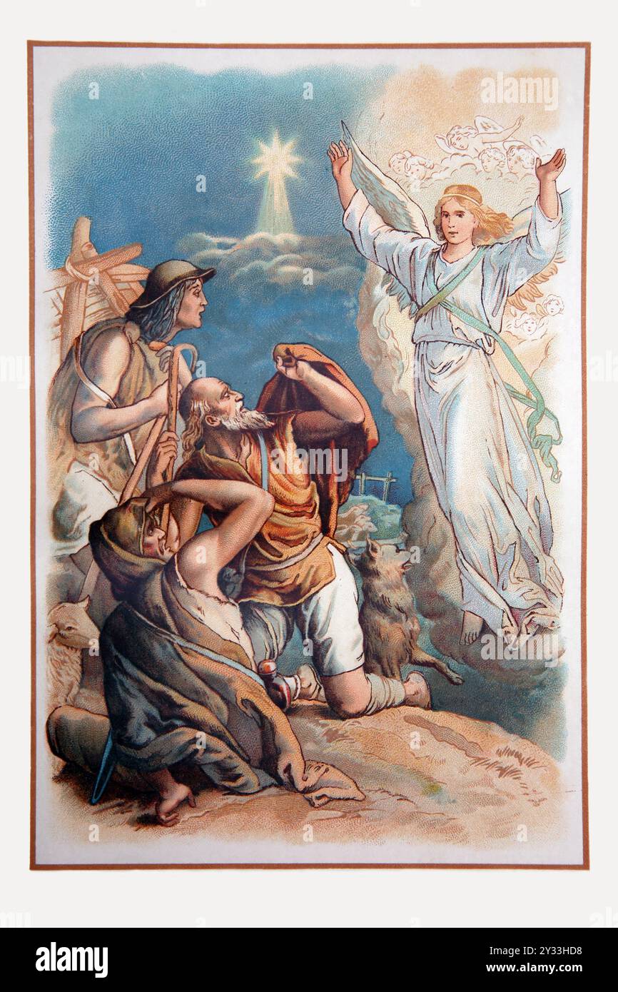 Art Deco Illustration der Hirten von Bethlehem (Lukas) - Schäferhunde beobachteten ihre Herde ...