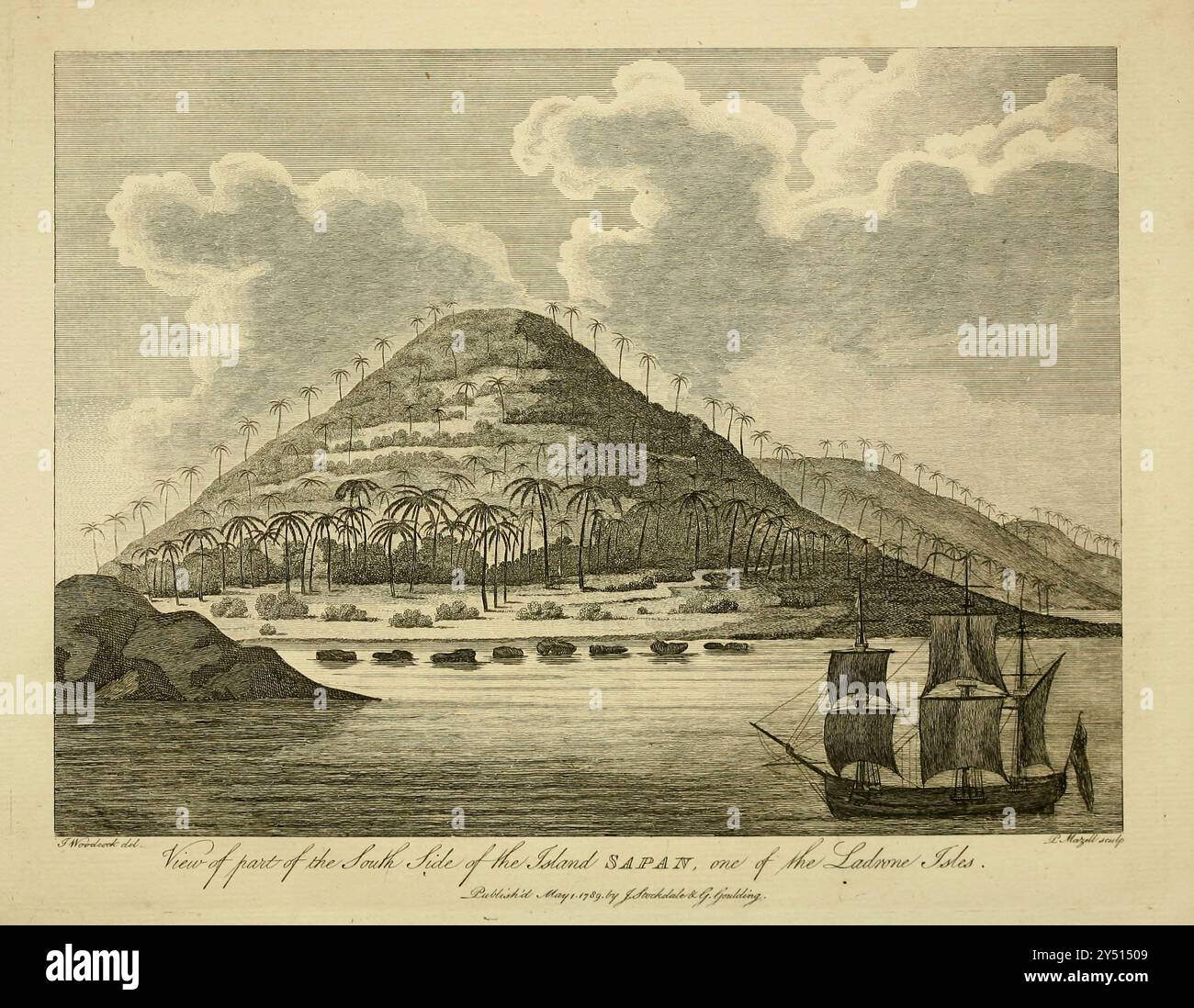 Blick auf die Südseite von Sapan, eine der Ladrone-Inseln von Einer ...