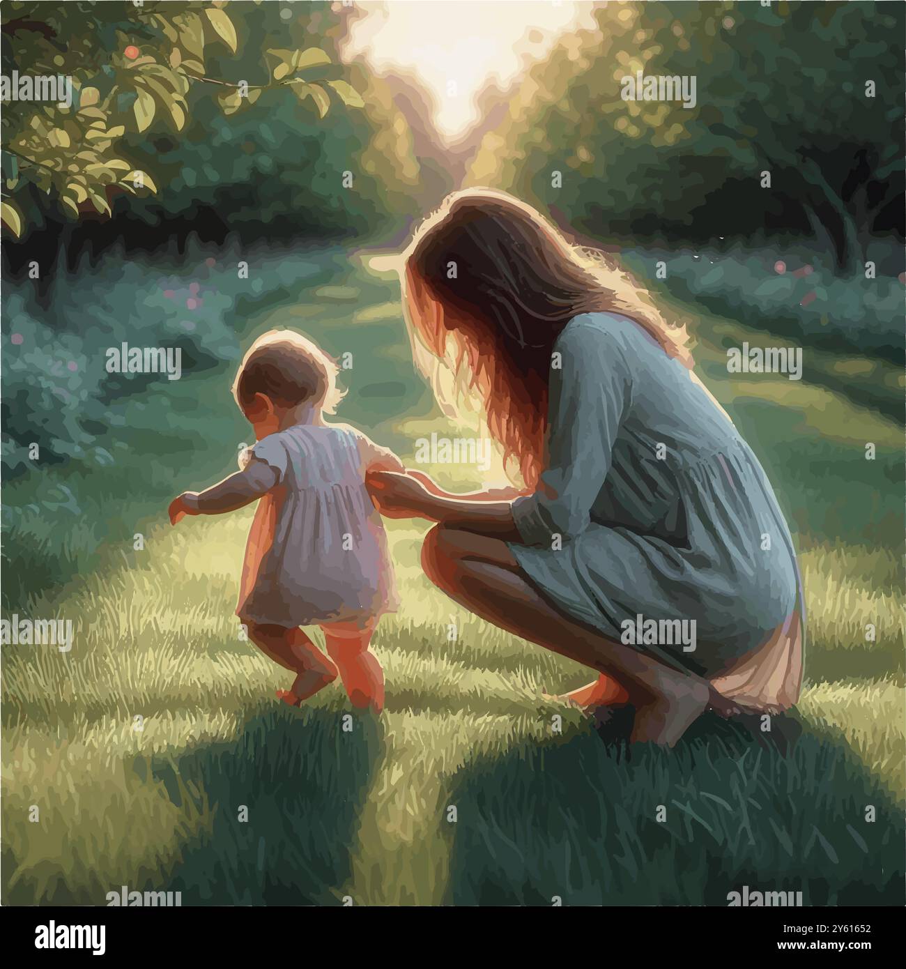 Eine Mutter kniet auf einem grasbewachsenen Feld, ermutigt ihr Kind ...