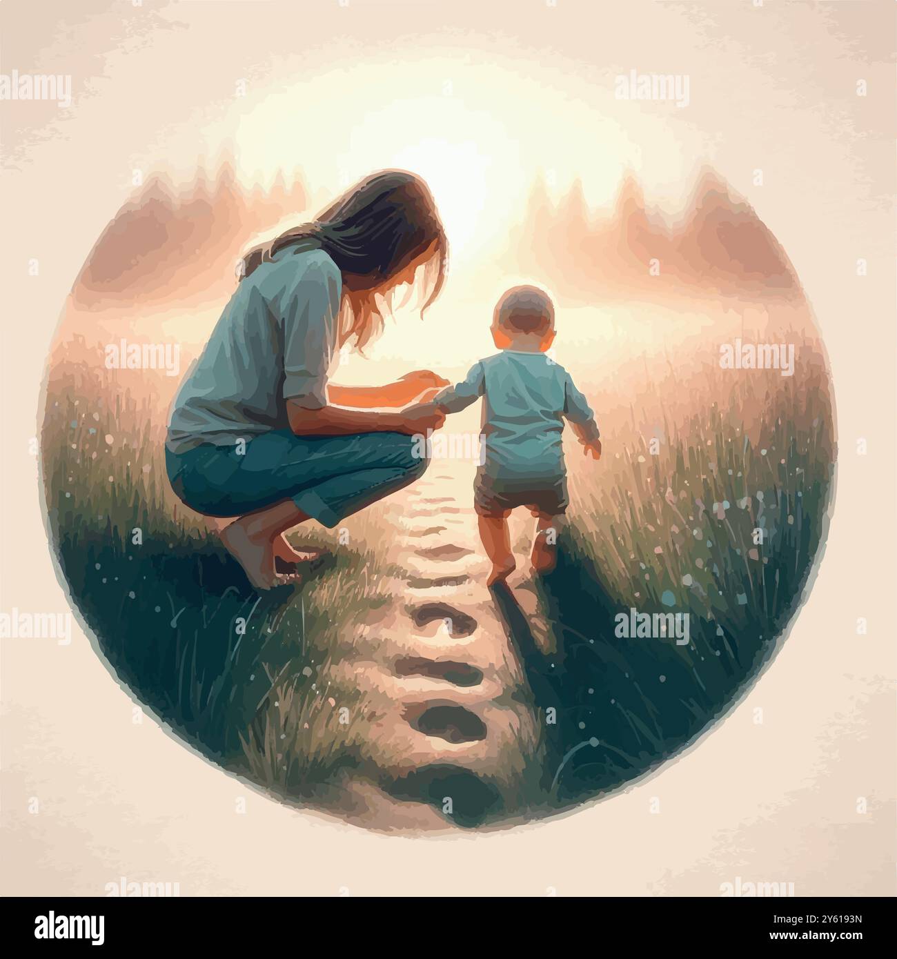 Eine Mutter kniet auf einem grasbewachsenen Feld, ermutigt ihr Kind ...