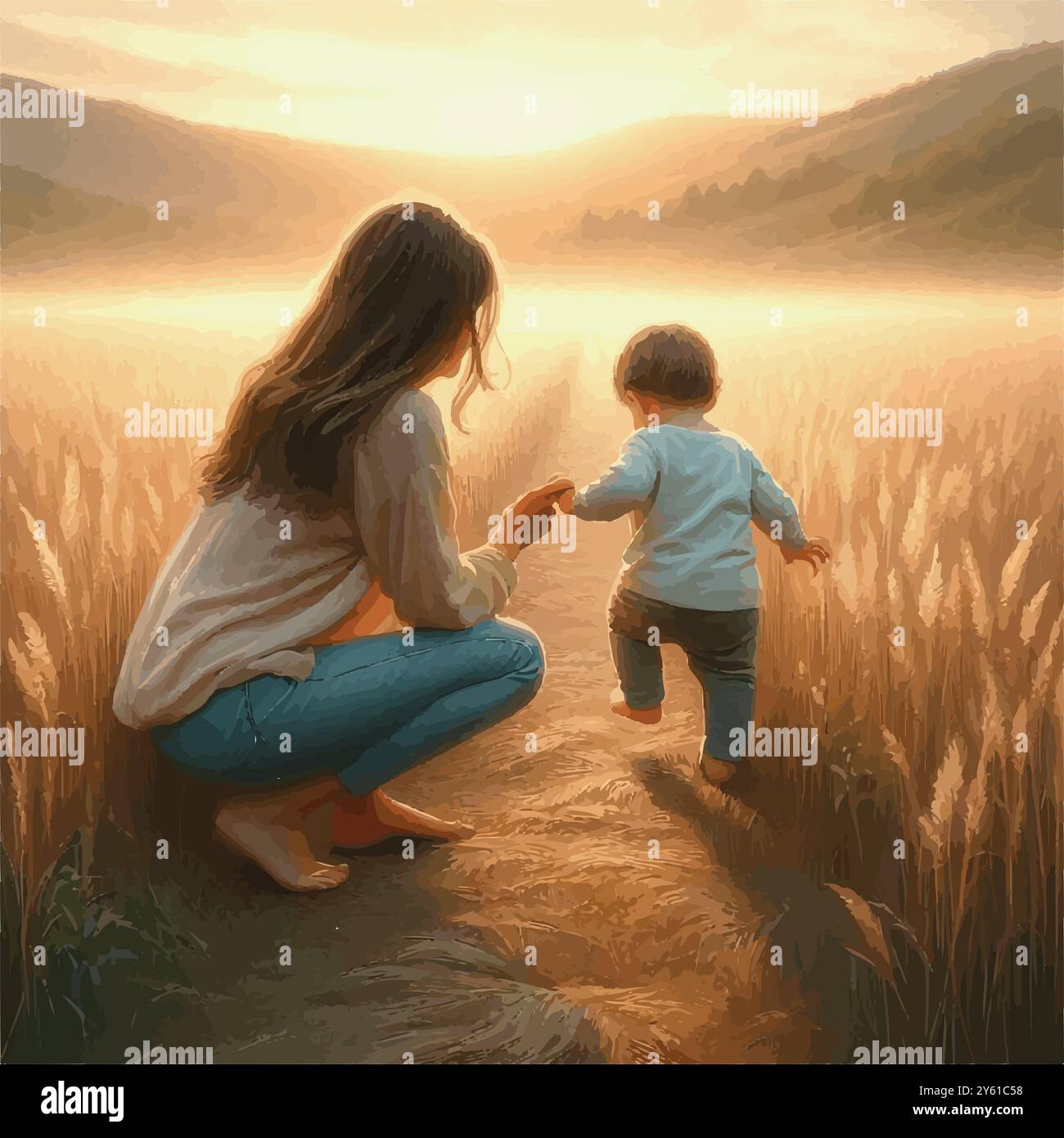 Eine Mutter kniet auf einem grasbewachsenen Feld, ermutigt ihr Kind ...