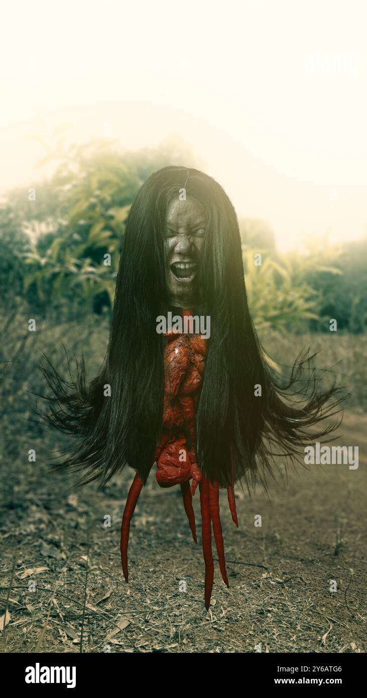 Kuyang, Kunyang oder Krasue-Geist in einer gruseligen und gruseligen Stimmung. Böse, Dämon ...