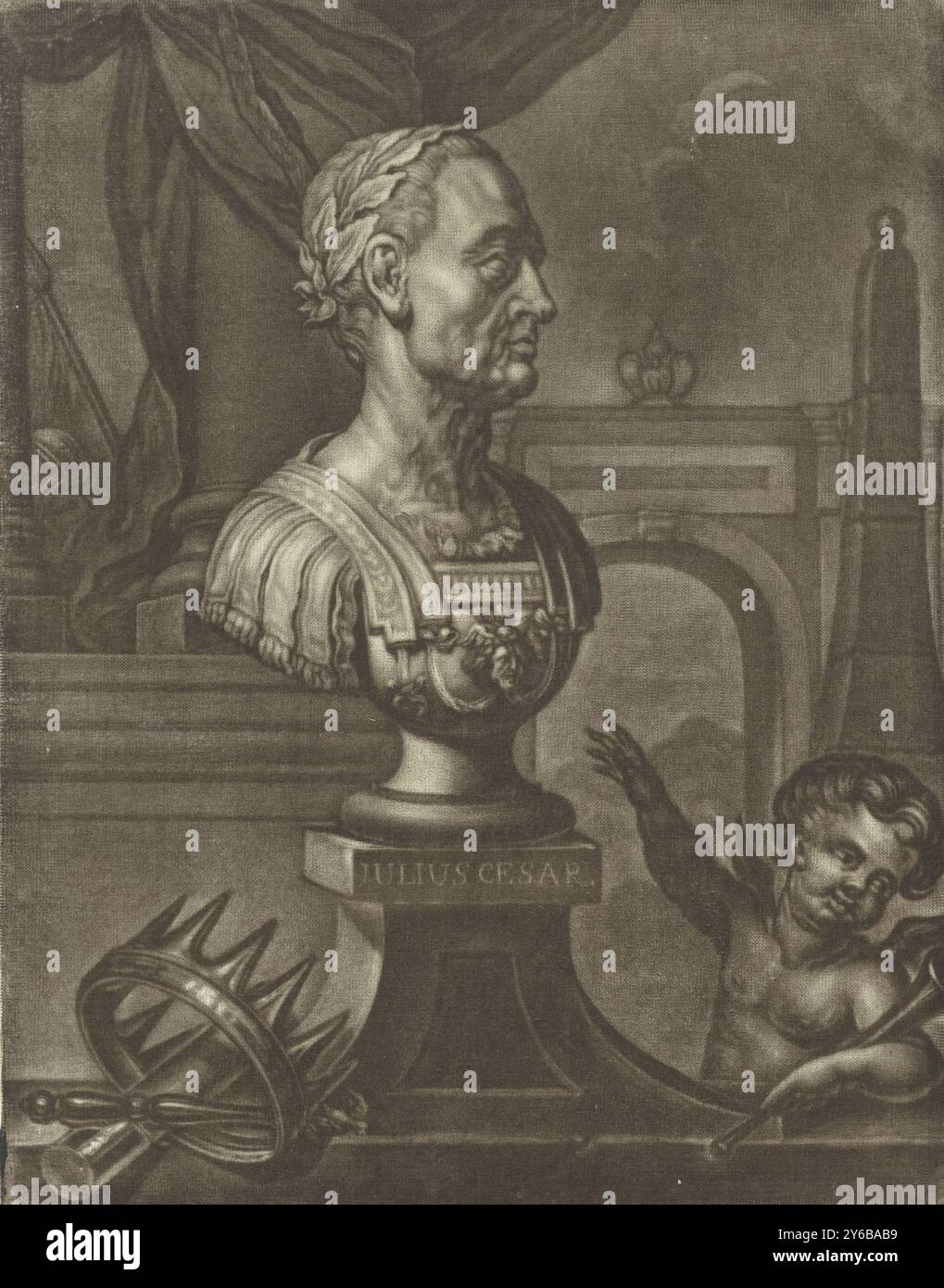 Büste von Julius Cäsar, Ein Putto mit einer Lobpreistrompete weist auf ...