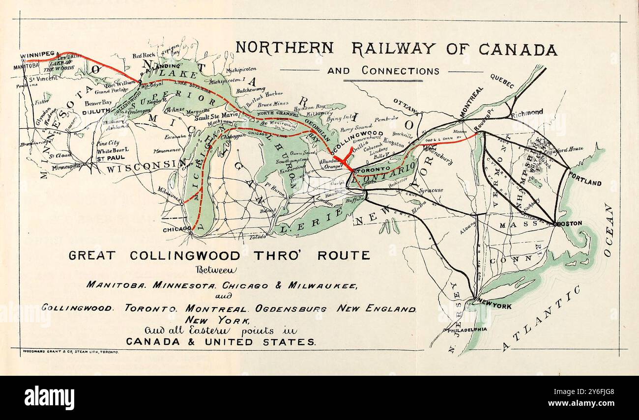 Karte des 19. Jahrhunderts der Northern Railway of Canada und Great ...