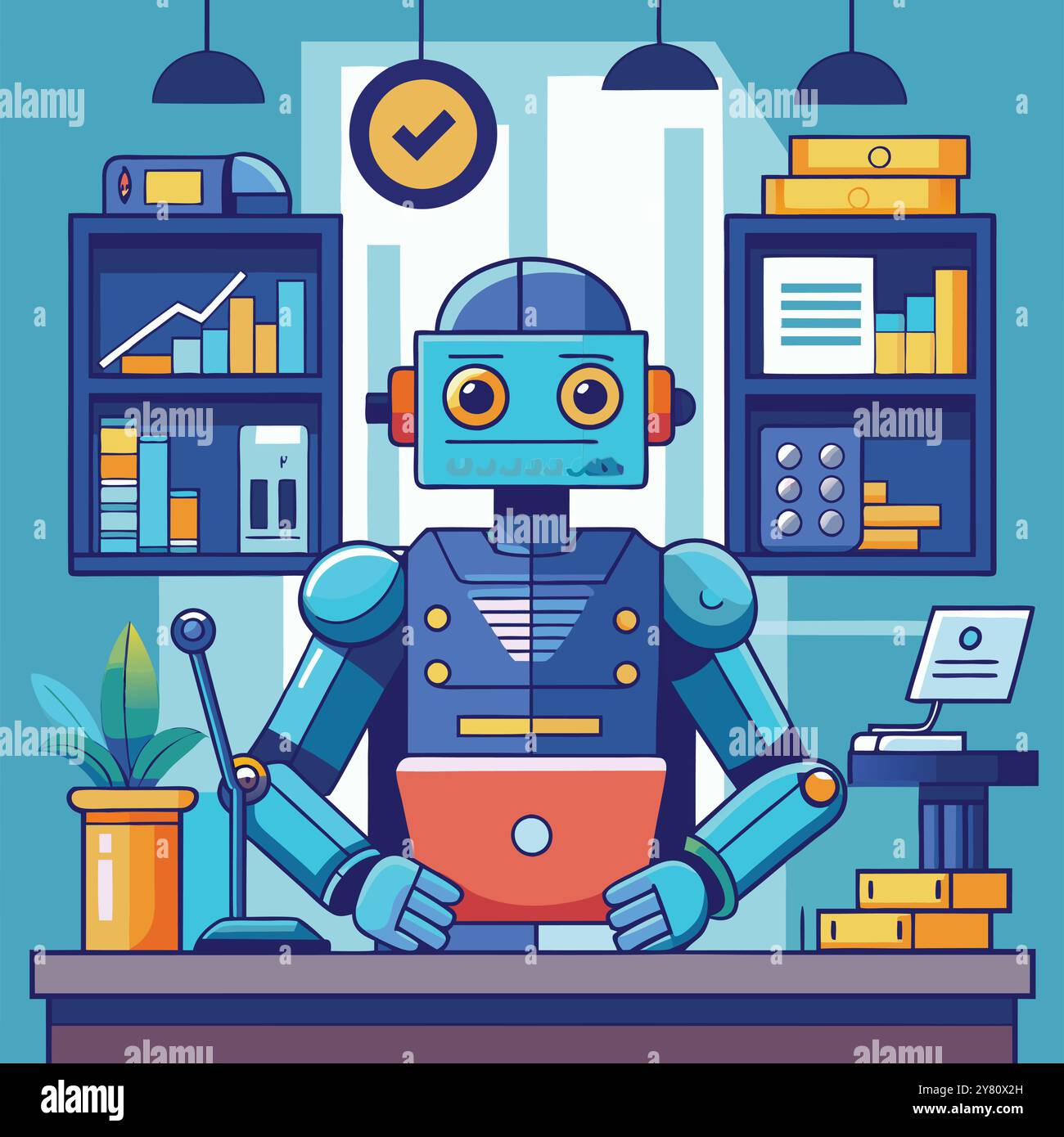 Ein freundlicher blauer Roboter sitzt an einem Schreibtisch. Arbeiten ...