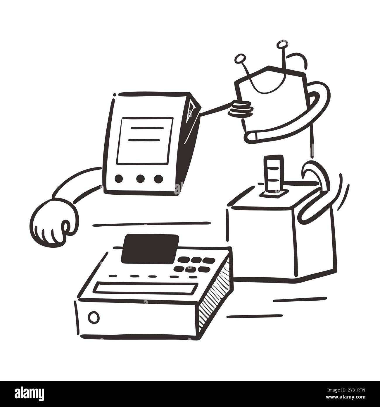 Eine humorvolle Illustration, die einen Roboter-Kassierer zeigt, der an ...