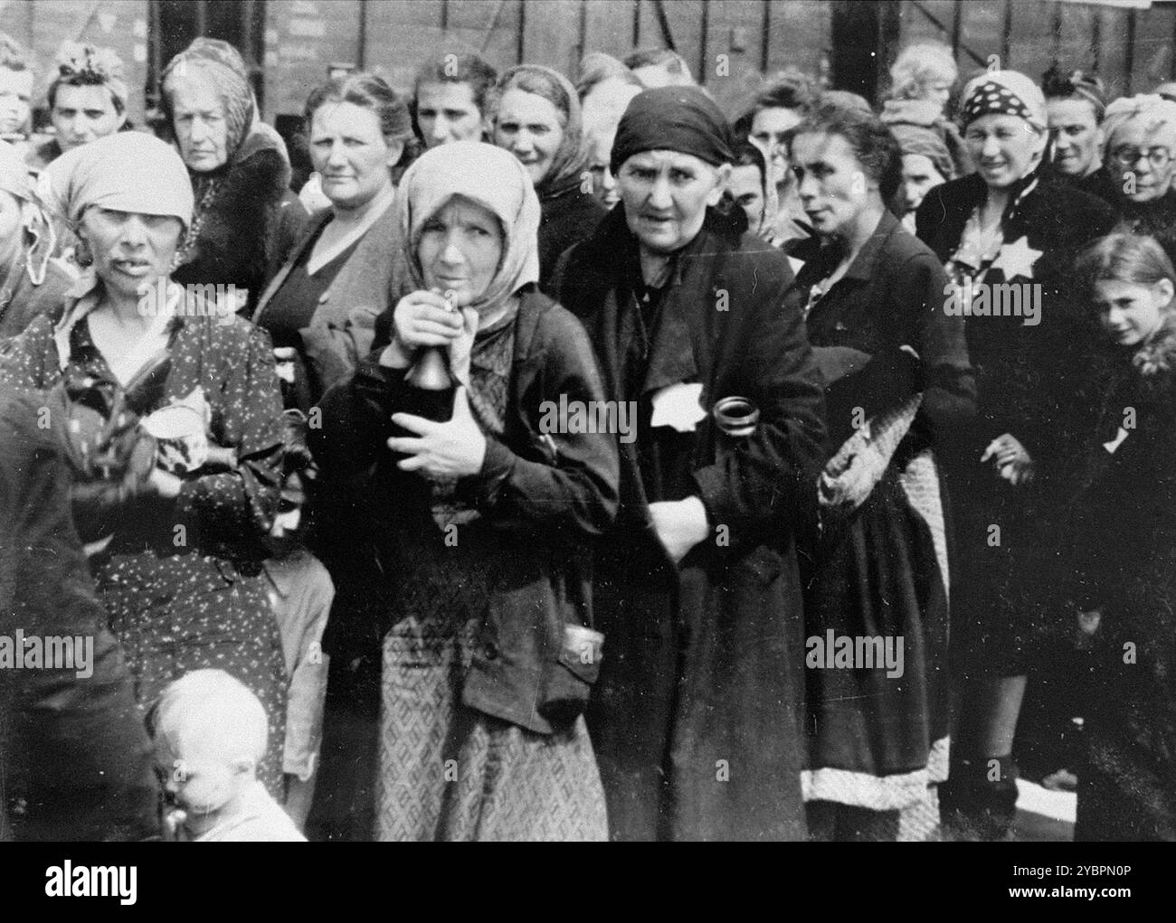 Jüdische Frauen und Kinder aus Ungarn warten auf Auswahl auf der Rampe ...