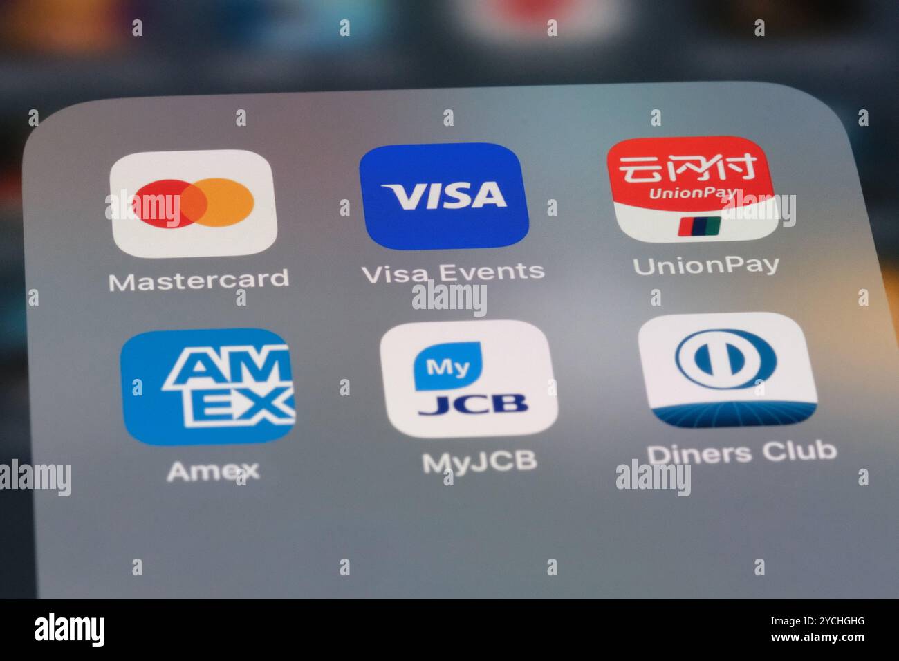 shanghai, china - 27. August 2024: Symbole für Visa, Mastercard, American Express, UnionPay, JCB ...