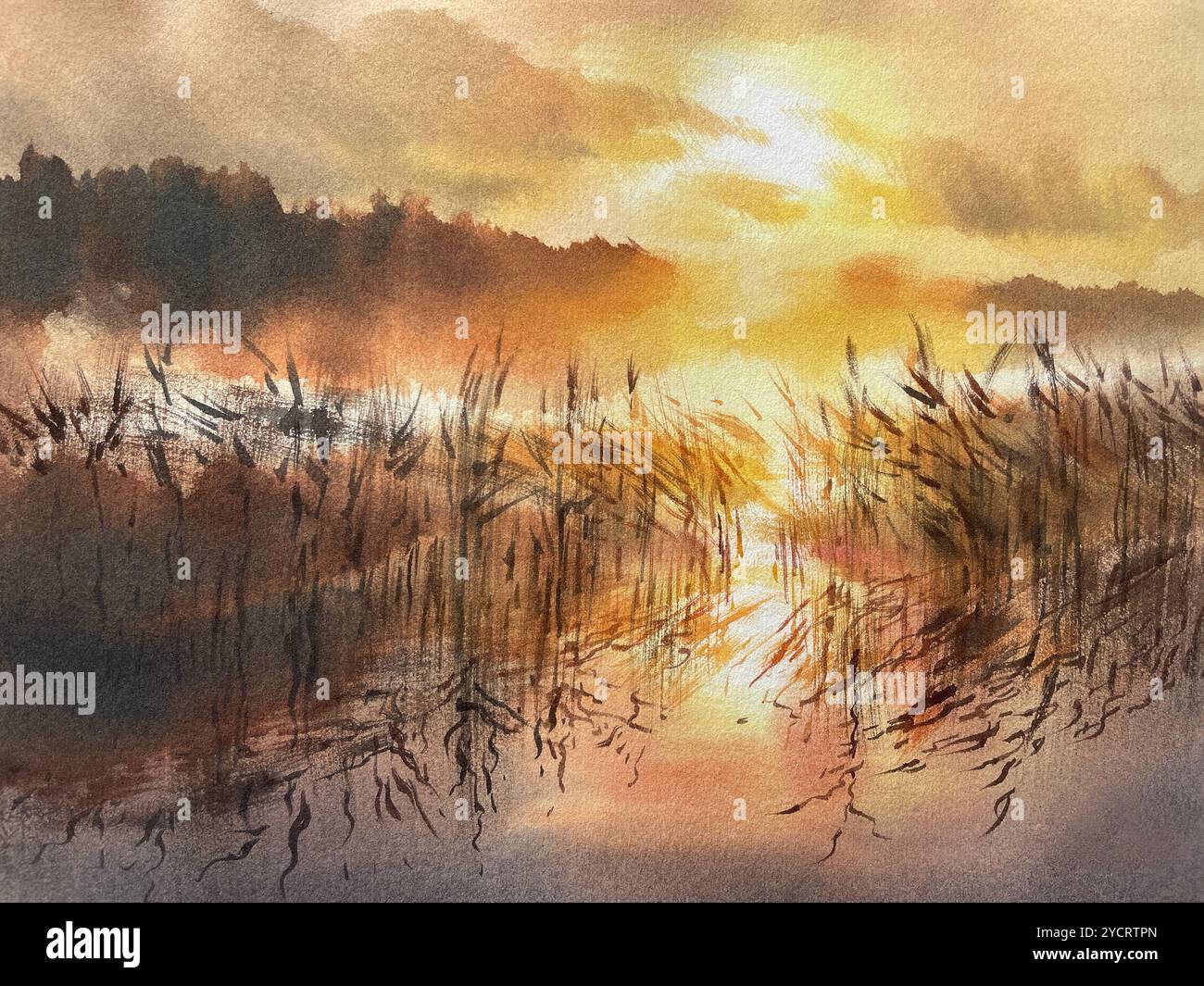 Abend am See am Abend Sonnenlicht Aquarellhintergrund Stockfotografie ...
