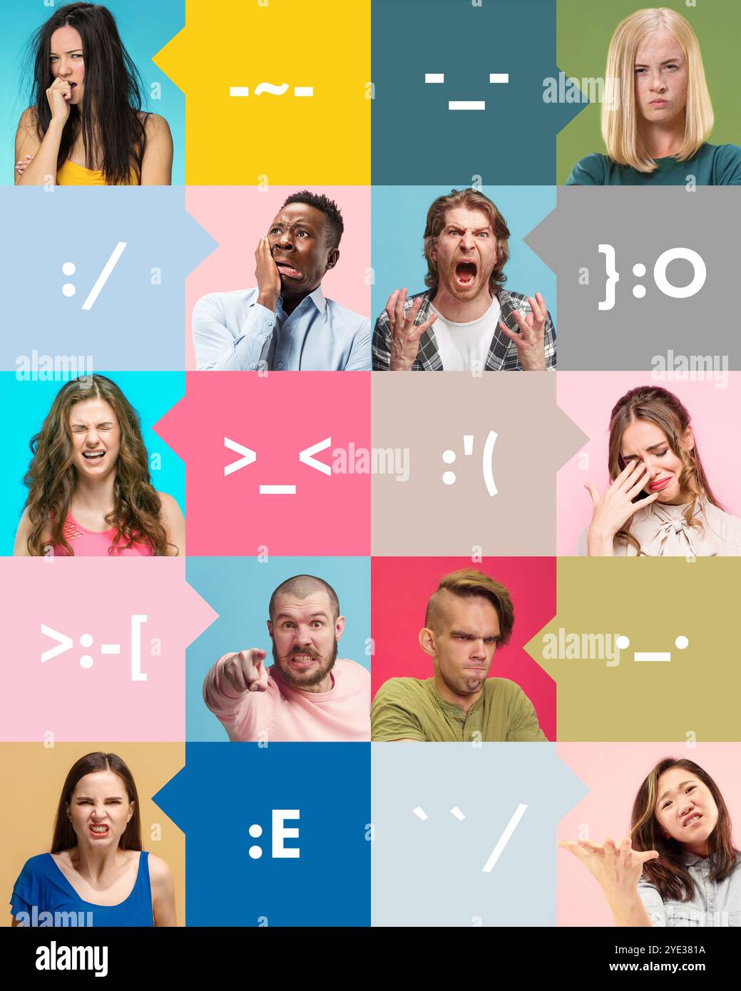 Collage aus Porträts emotionaler Menschen, Männer und Frauen, die ...