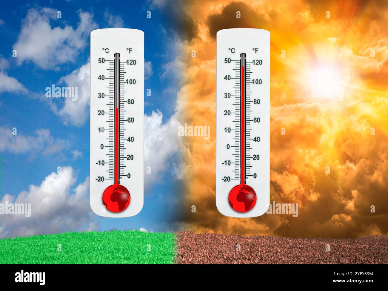Konzeptionelles Bild des Klimawandels. Ein Thermometer zeigt die normale Temperatur und das ...