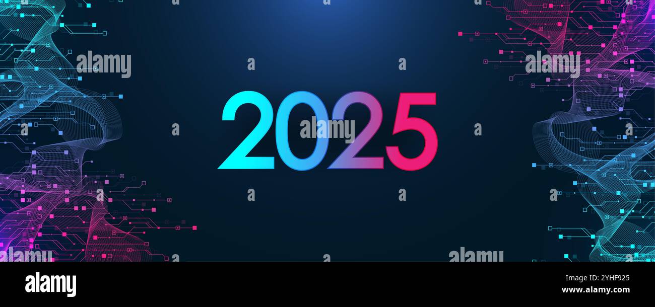 Abstrakte Postervorlage 2025 mit Leiterplattenstruktur. Digital-Banner ...