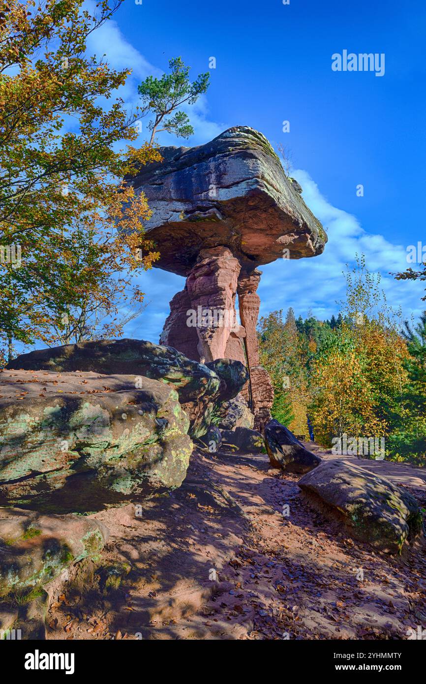 Der 14 Meter hohe Pilzfelsen namens Teufeltisch in Hinterweidenthal ...