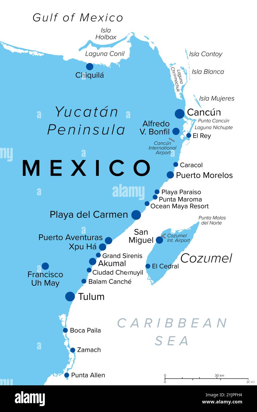 Riviera Maya in Mexiko, politische Karte, mit Cancun, einer Stadt an ...