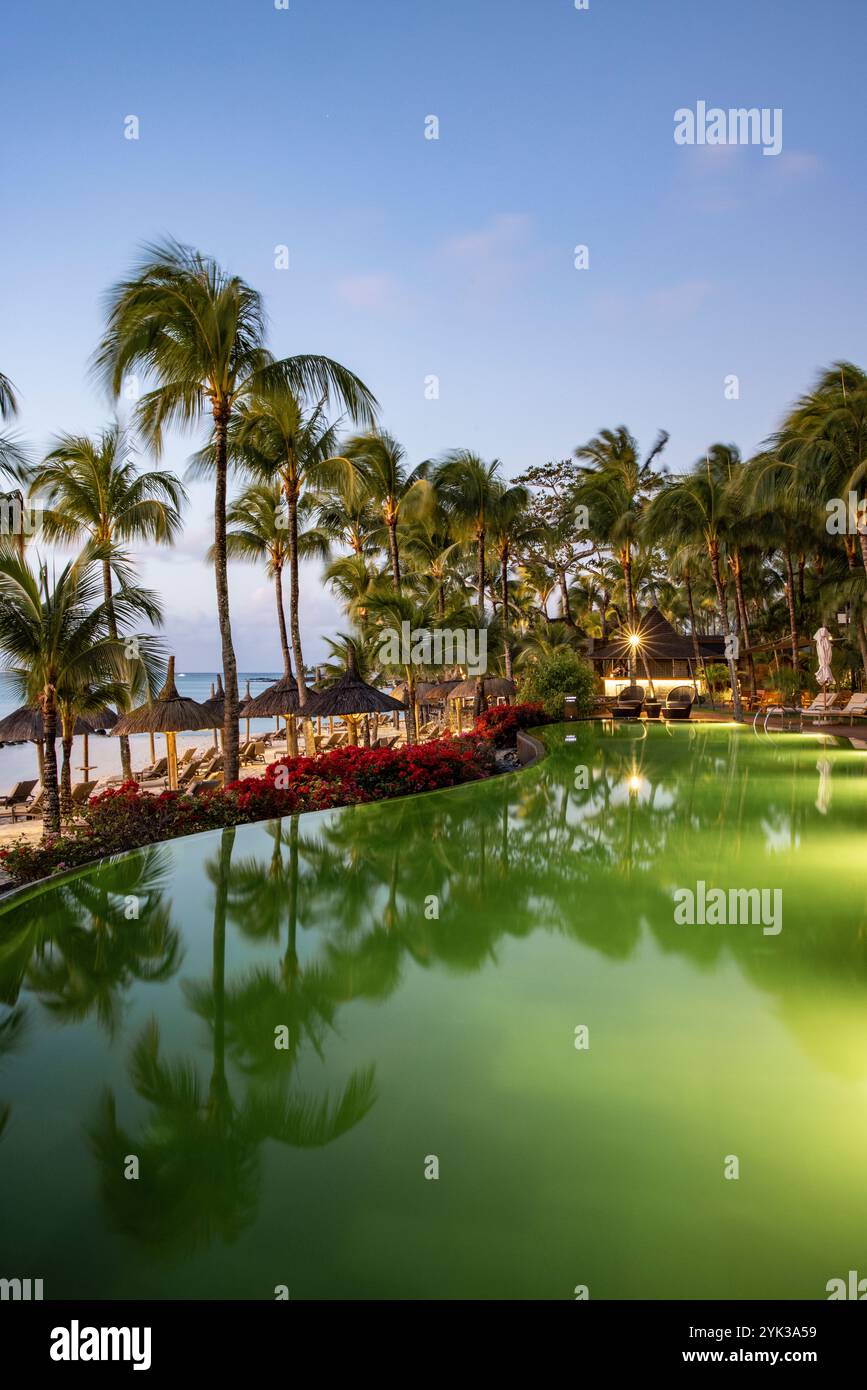 Swimmingpool und Strohschirme mit Kokospalmen im Royal Palms ...