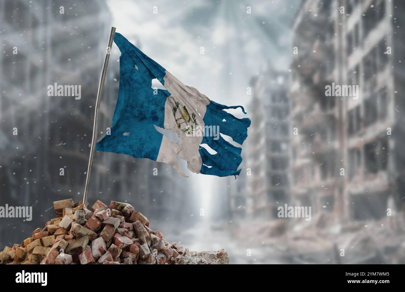 Schmutzige und zerrissene Flagge Guatemalas, Symbol des Widerstands und des Sieges. Ein ...