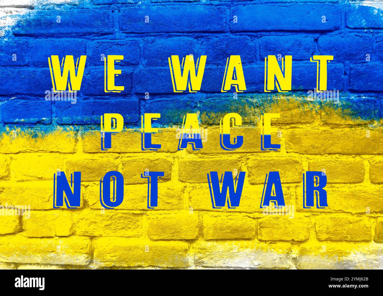 Blaue und gelbe Mauer mit den Worten "wir wollen Frieden, nicht Krieg ...