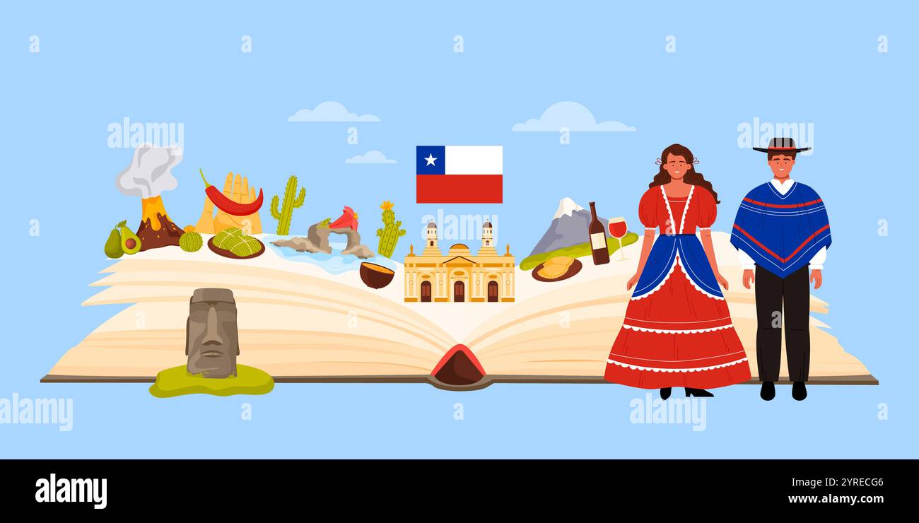 Reisen Sie nach Chile, Infografik-Collage mit offenem Riesenbuch ...