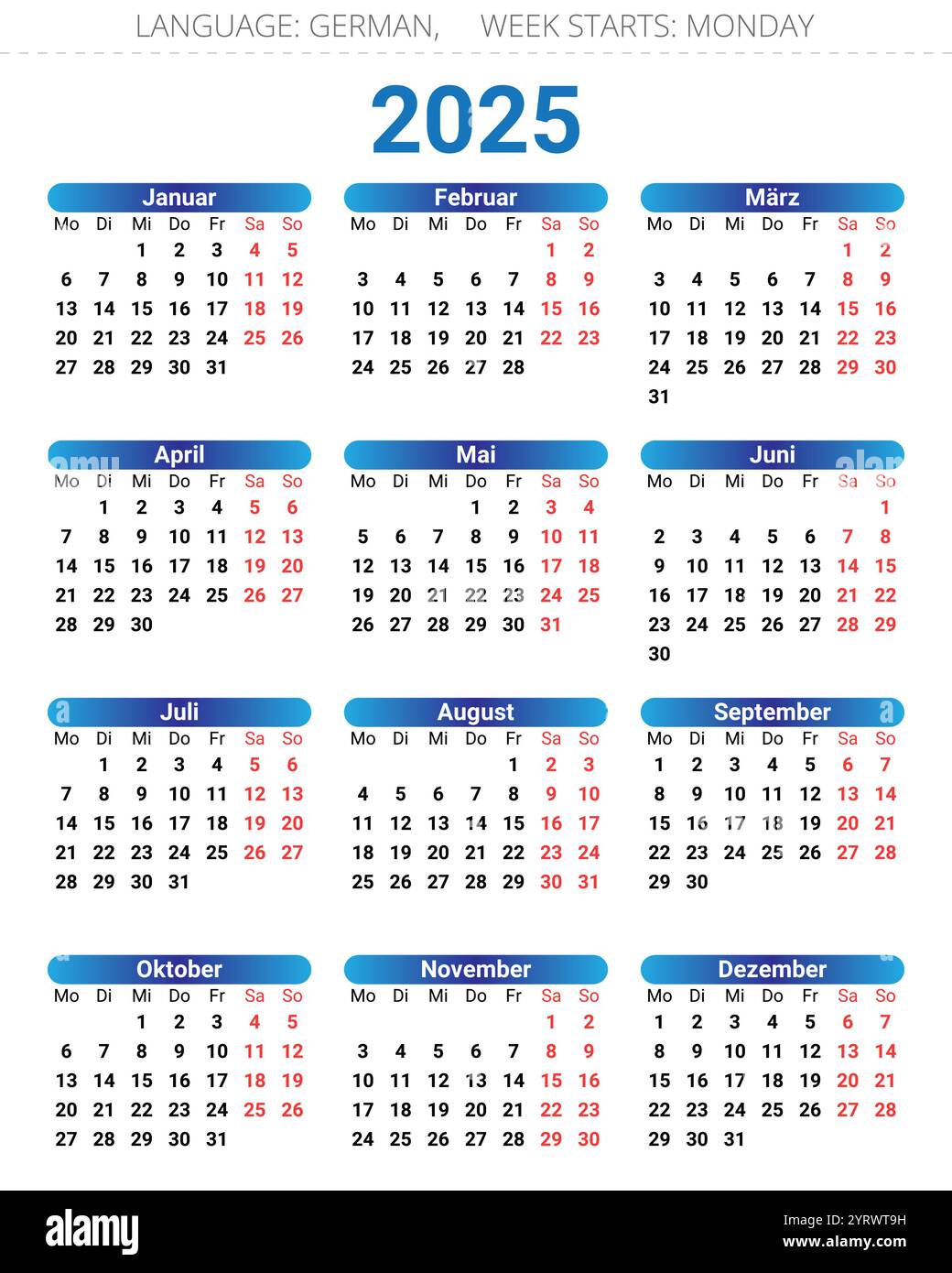 Deutscher Kalender 2025: Jahresplaner mit Vektorillustrationen ...