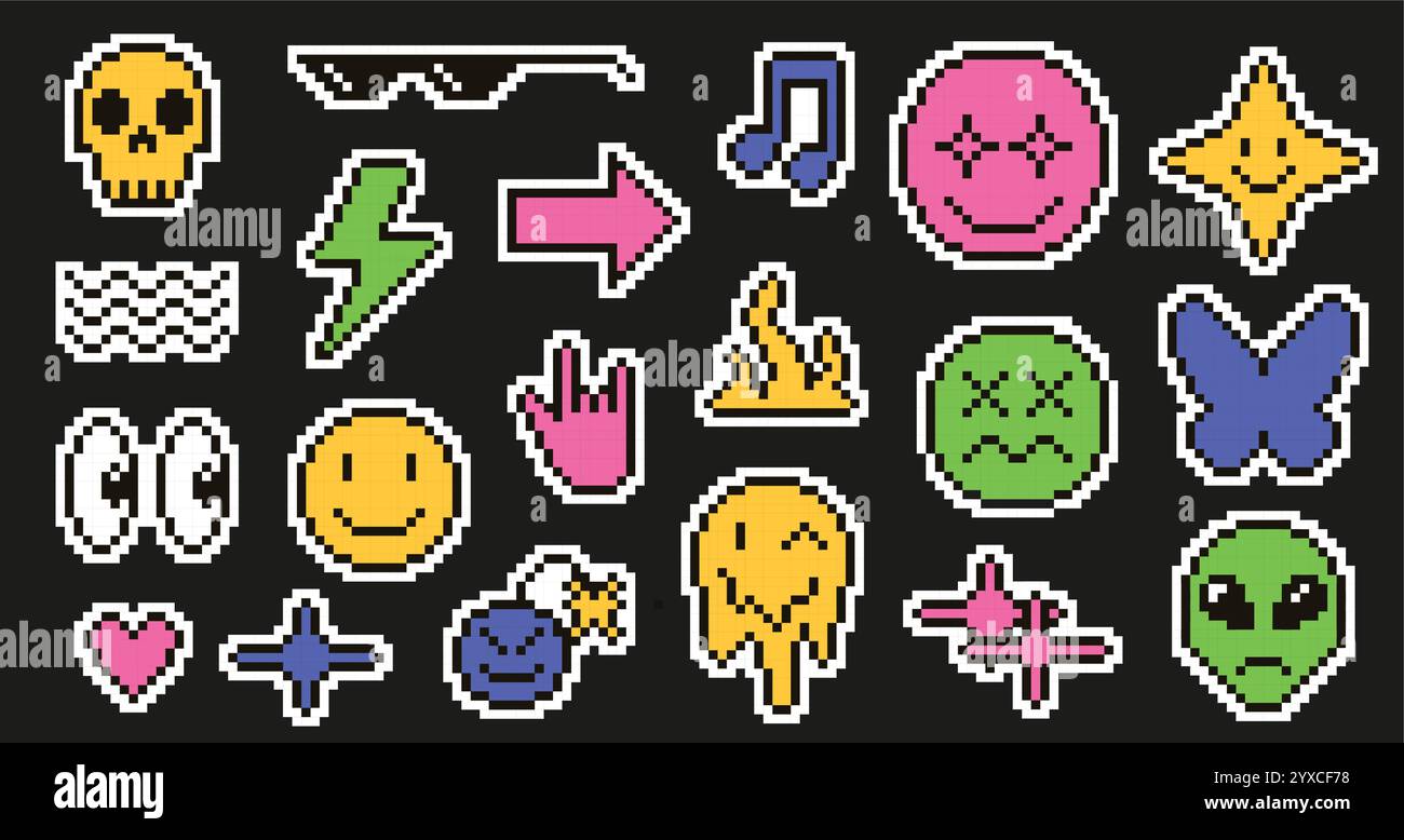 Pixel Art Emoji Aufkleber. Retro-gepixelte 8-Bit-Y2K-Symbole, coole ...