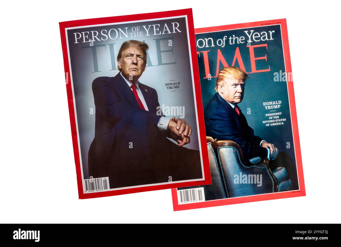 Der gewählte US-Präsident Donald Trump auf der Titelseite des Time-Magazins wurde 2016 und 2024 ...