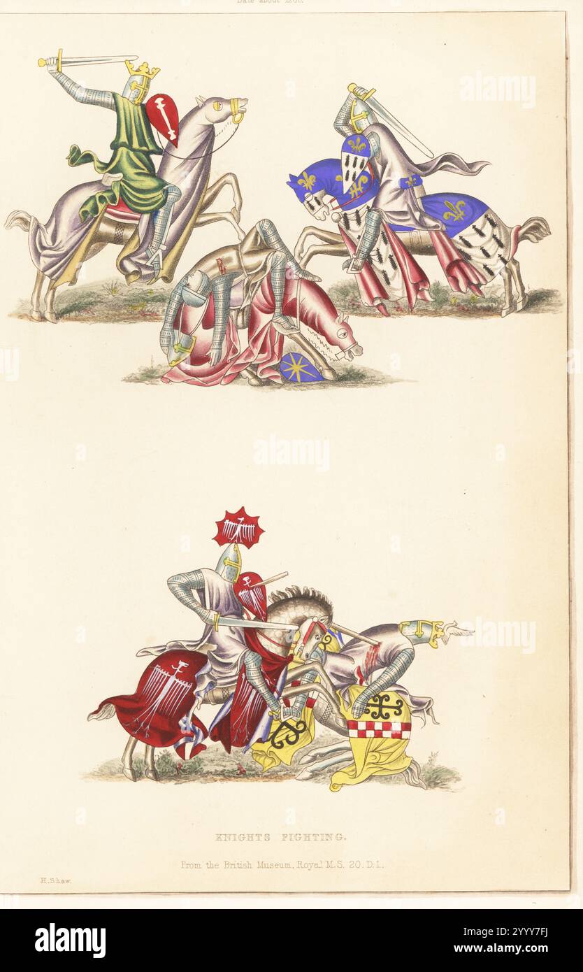 Ritter kämpfen zu Pferd, Mitte des 13. Jahrhunderts. Ritter im Ruder ...