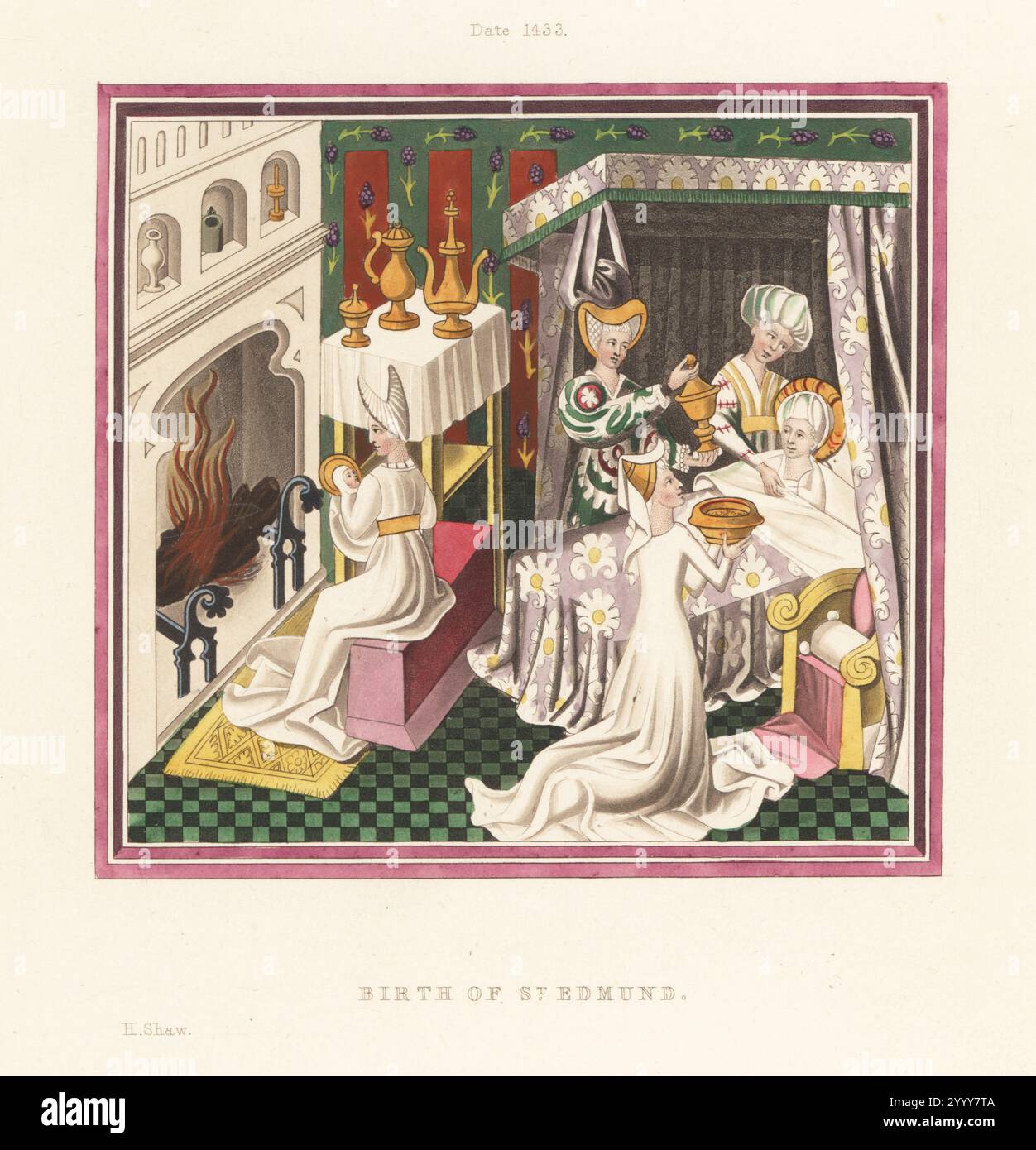 Adlige gebärende im 15. Jahrhundert. Darstellung der Geburt von St ...