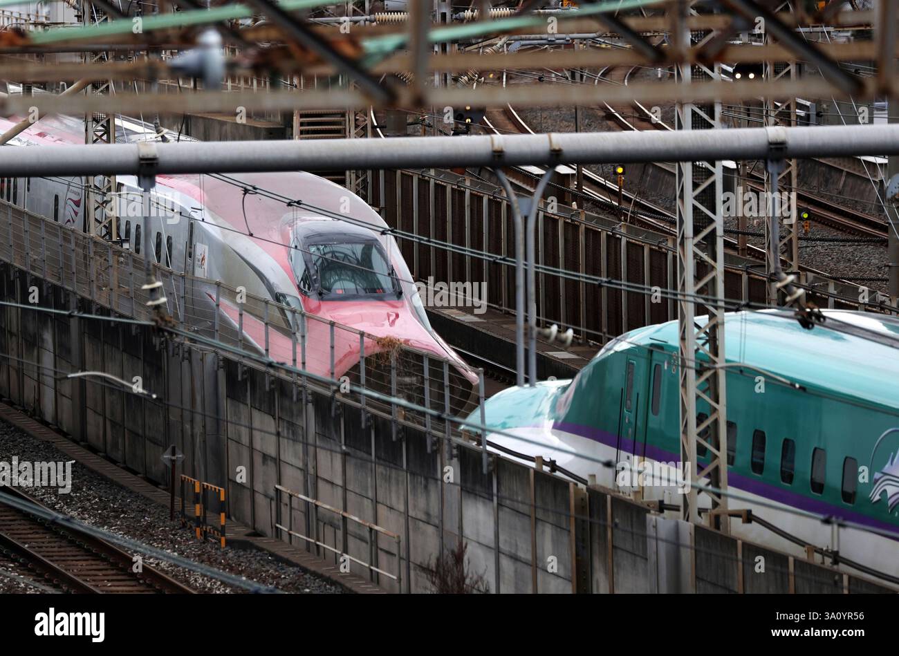 A photo shows the uncoupled Tohoku Shinkansen (bullet train) which its ...