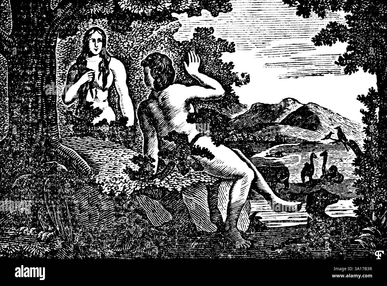 Erschaffung der ersten Menschen, Adam und Eva im Paradies, Landschaft mit Bergen, Tieren ...